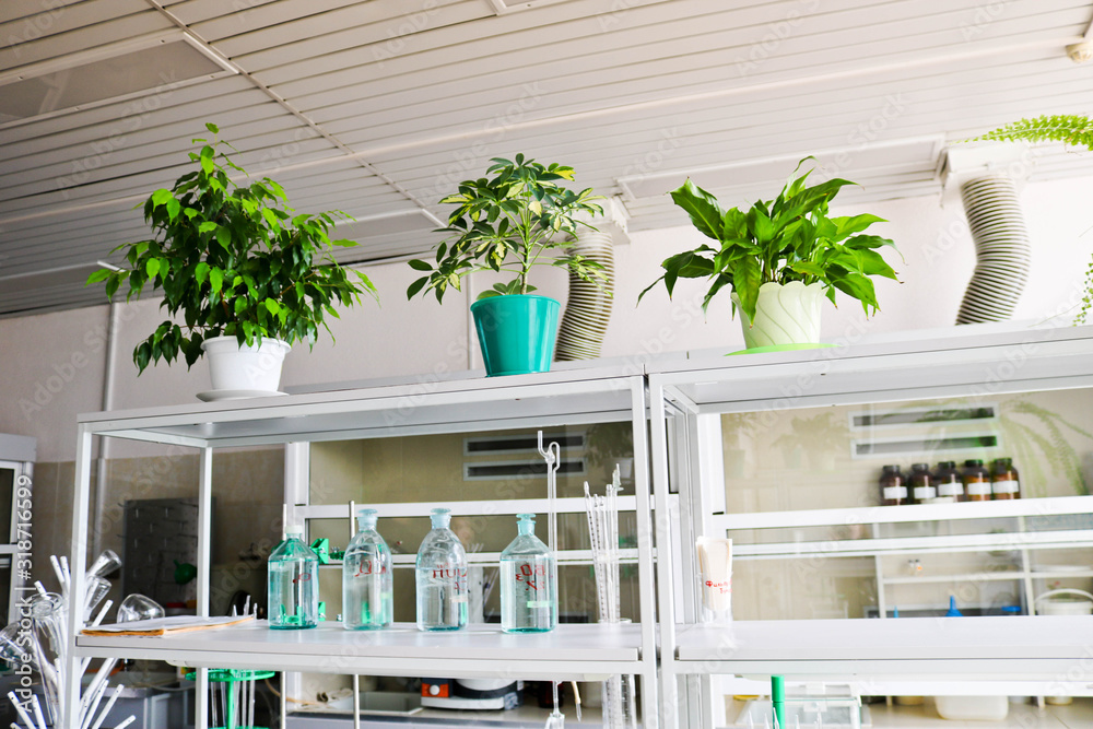 A large research chemical medical laboratory with devices equipped with ...