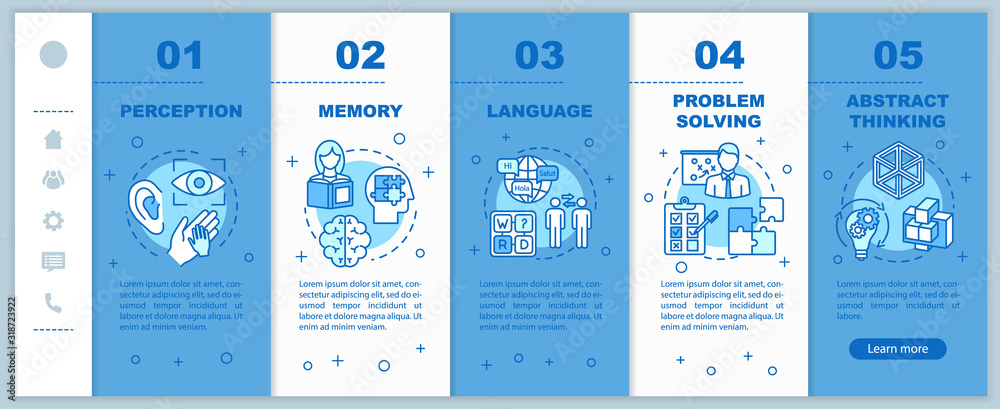 Cognitive processes onboarding vector template. Mental health. Problem solving. Perception and ...