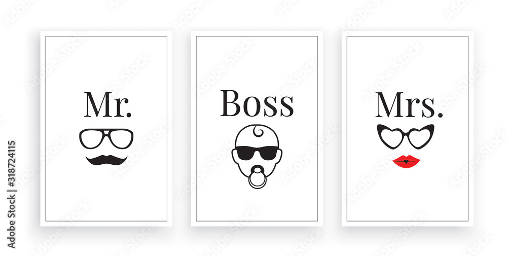 Mr, Mrs and Baby Boss, vector. Scandinavian minimalist wall art design ...