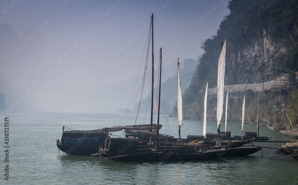 Chinese traditional fisherman's sailing boat at Yangtze river for the ...