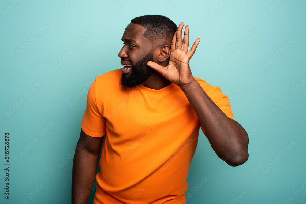 Man hears a secret notice. Concept of curiosity and gossip. Amazed ...