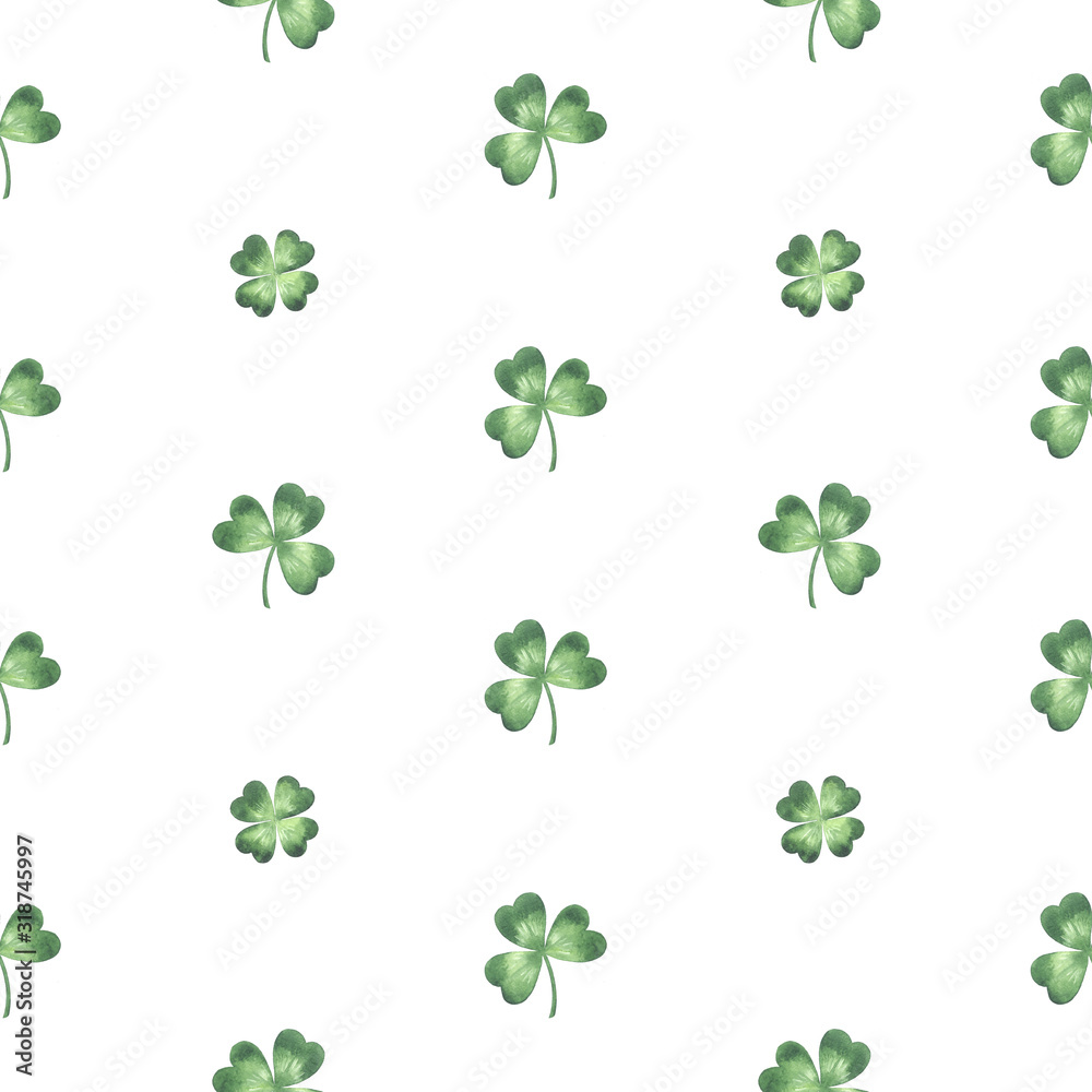 Watercolor realistic clover leaves, shamrock seamless repeat pattern ...