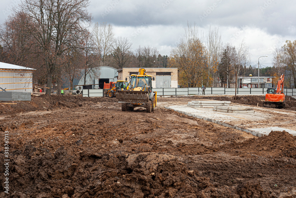Start building a house. Construction site to create the foundation of ...