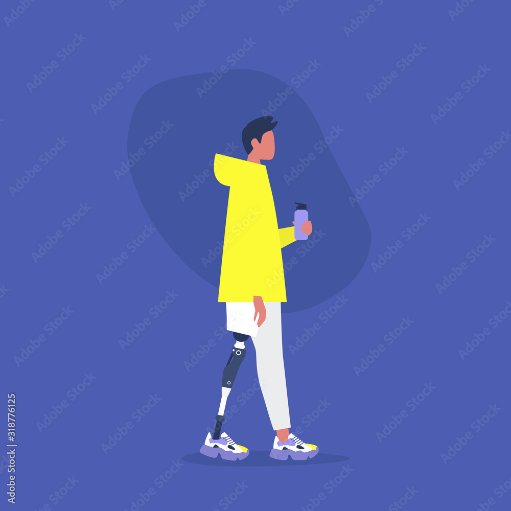 Young male character with a prosthetic lower limb holding a water flask ...