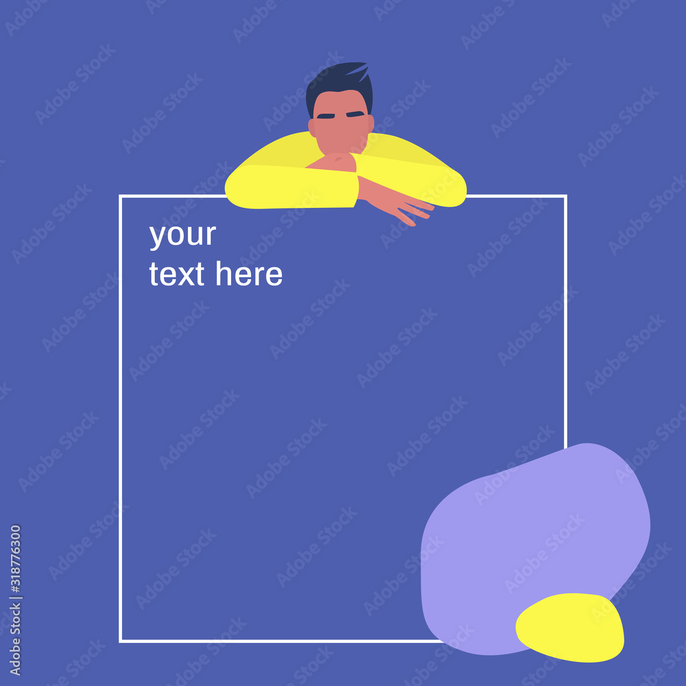 Your text here, template, young male character leaning on a mockup text ...