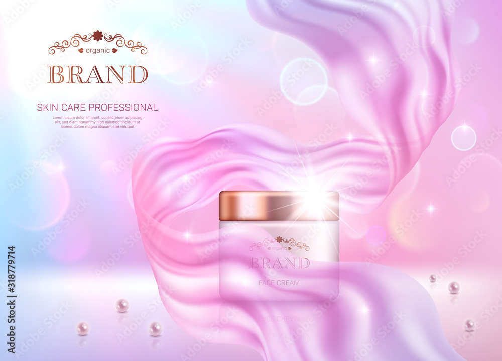 Realistic cream jar with golden lid on pink bokeh background with ...