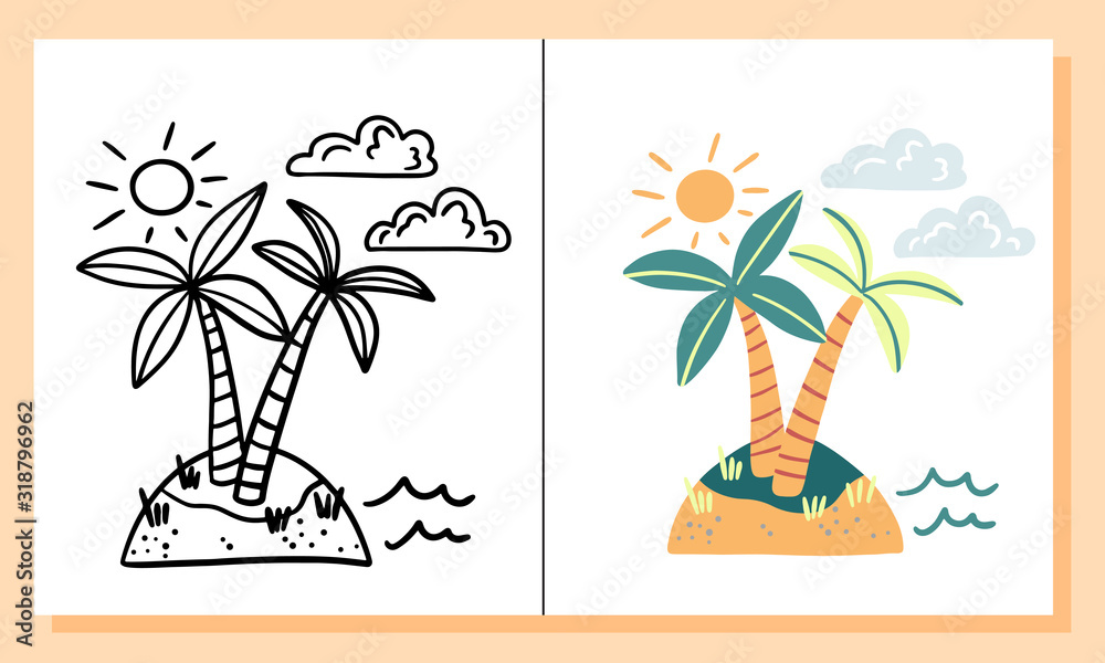 Island. Coloring pages. Cartoon cute marine wild summer, sea elements ...