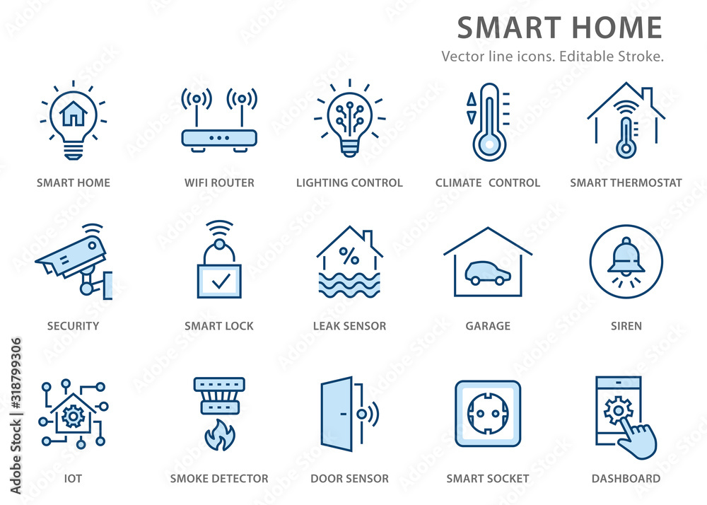 Smart home flat line icon set. Vector illustration. Editable stroke ...