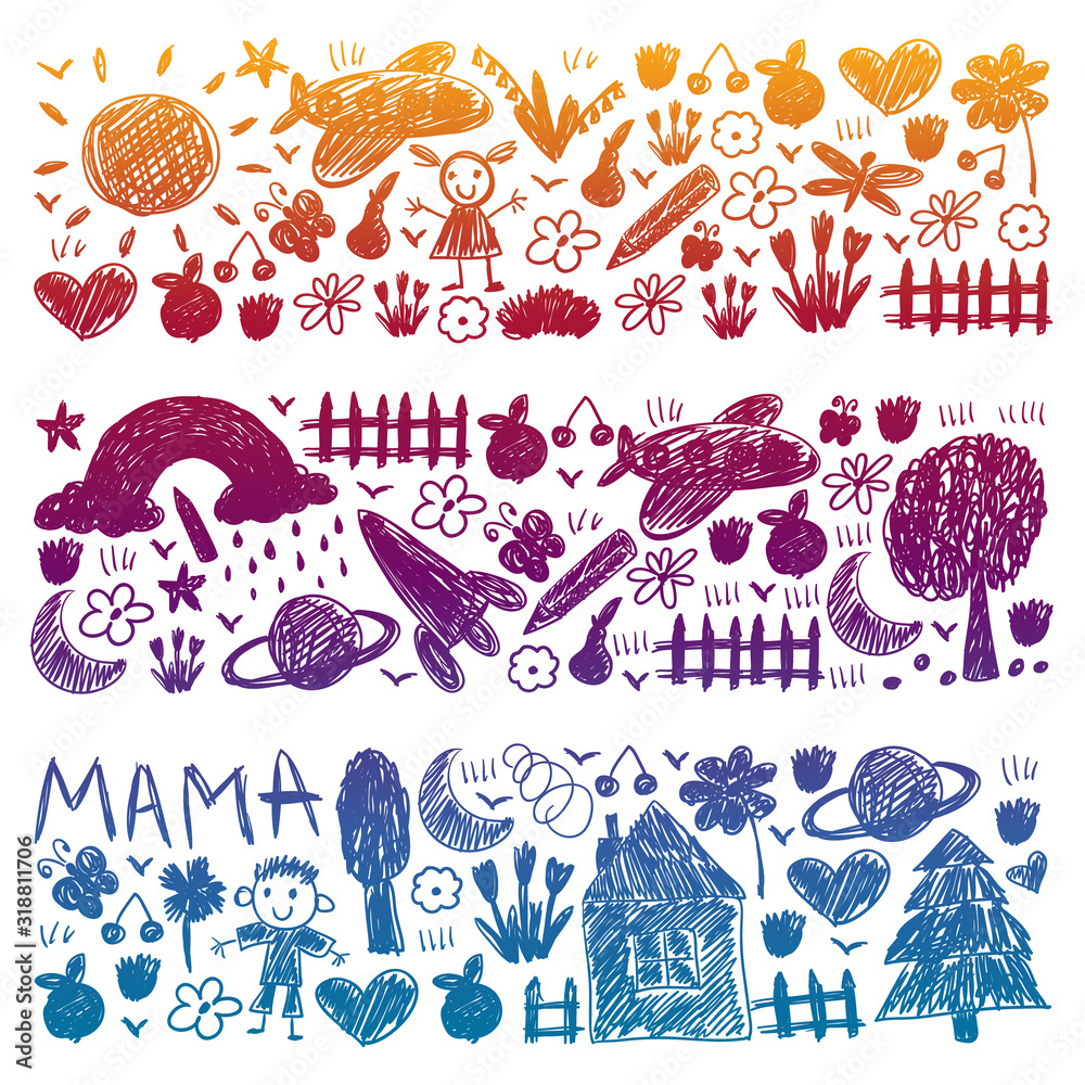 Kindergarten pattern with funny kids drawing. Vector illustration ...