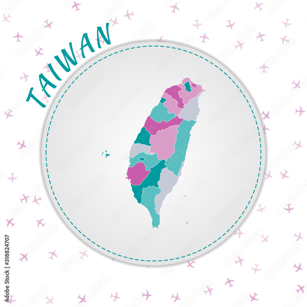 Taiwan map design. Map of the country with regions in emerald-amethyst ...