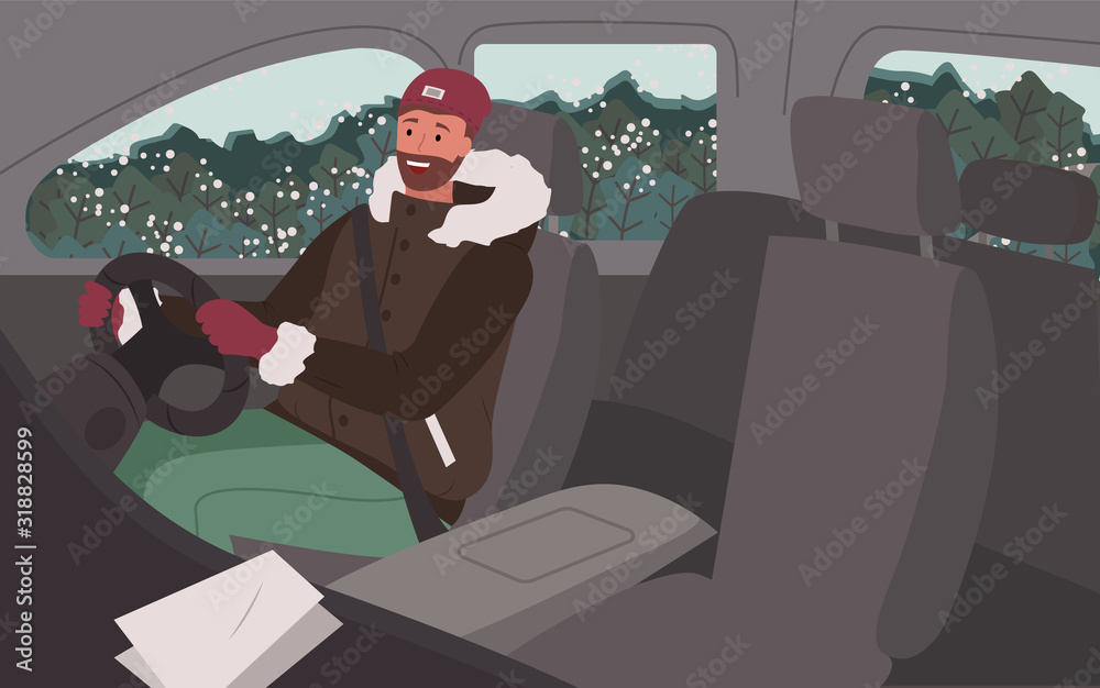 Man drive car alone. Interior of internal space, black salon of auto ...