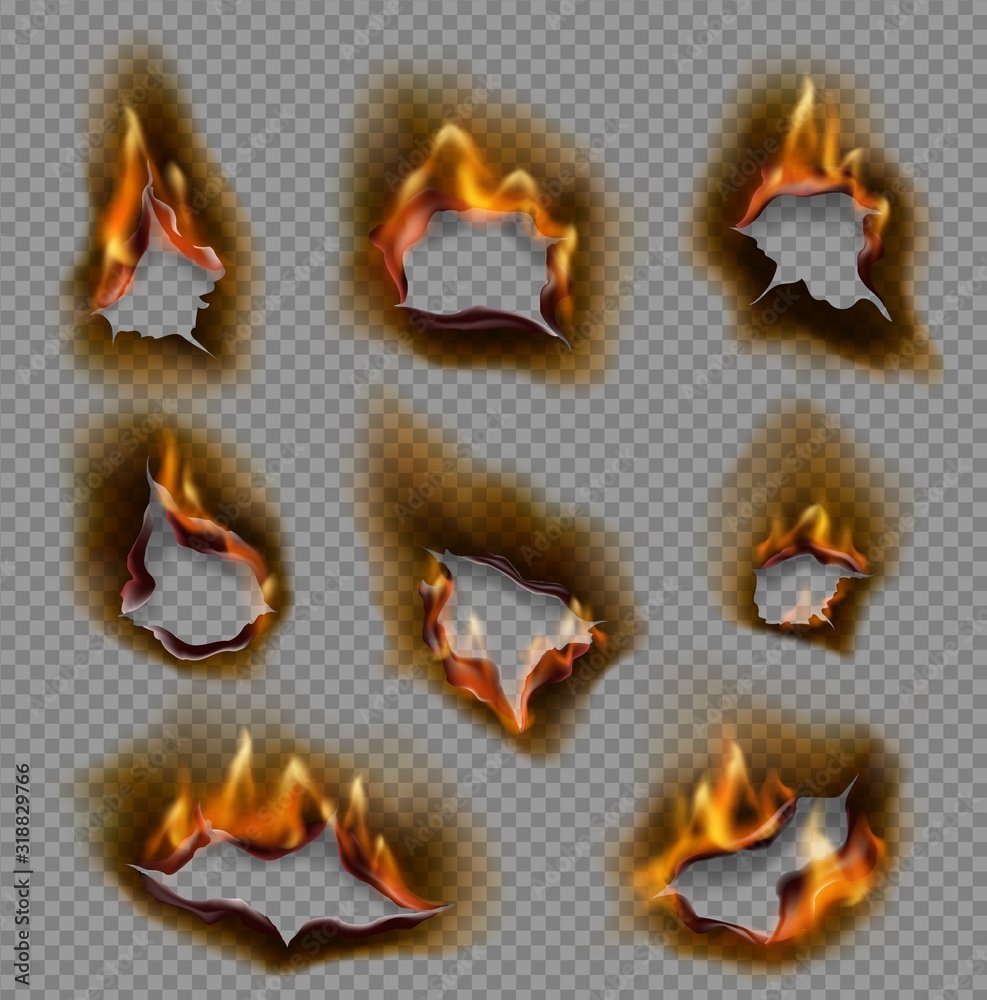 Burning holes in paper, realistic fire flames and torn edges vector ...