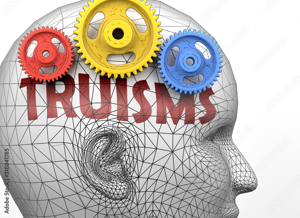 Truisms and human mind - pictured as word Truisms inside a head to ...