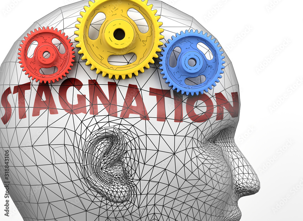 Stagnation and human mind - pictured as word Stagnation inside a head ...