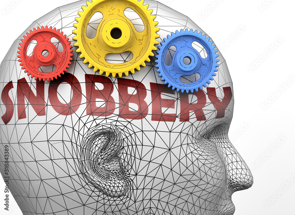 Snobbery and human mind - pictured as word Snobbery inside a head to ...