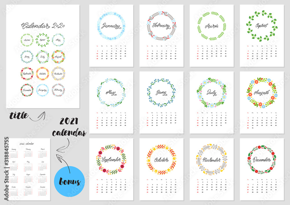 Calendar 2020. Monthly calendar 2020 template decorated with hand ...