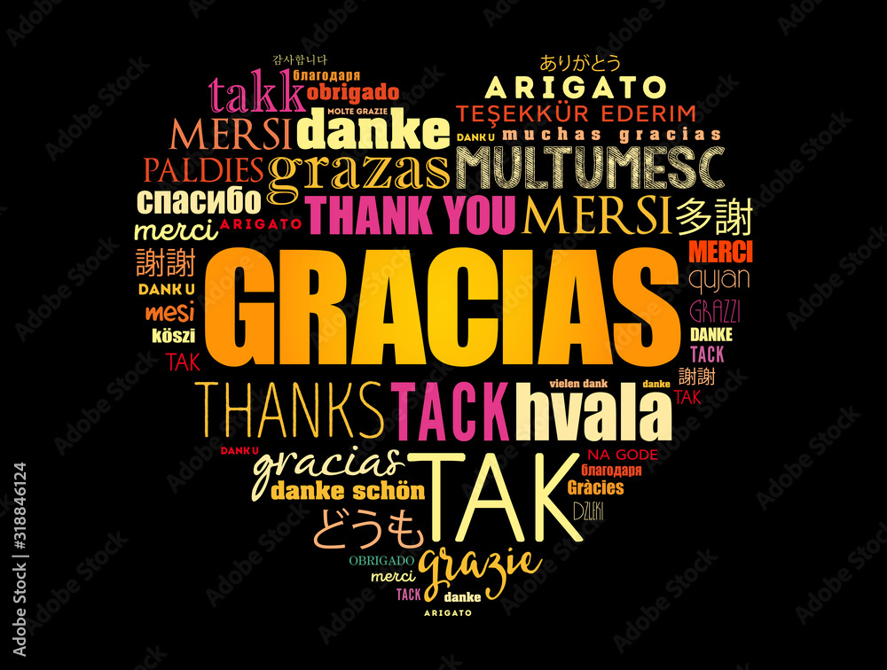 Vetor de Gracias (Thank You in Spanish) love heart Word Cloud in ...