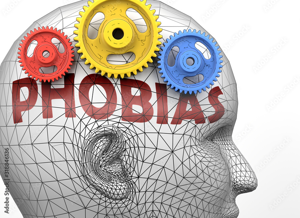 Phobias and human mind - pictured as word Phobias inside a head to ...