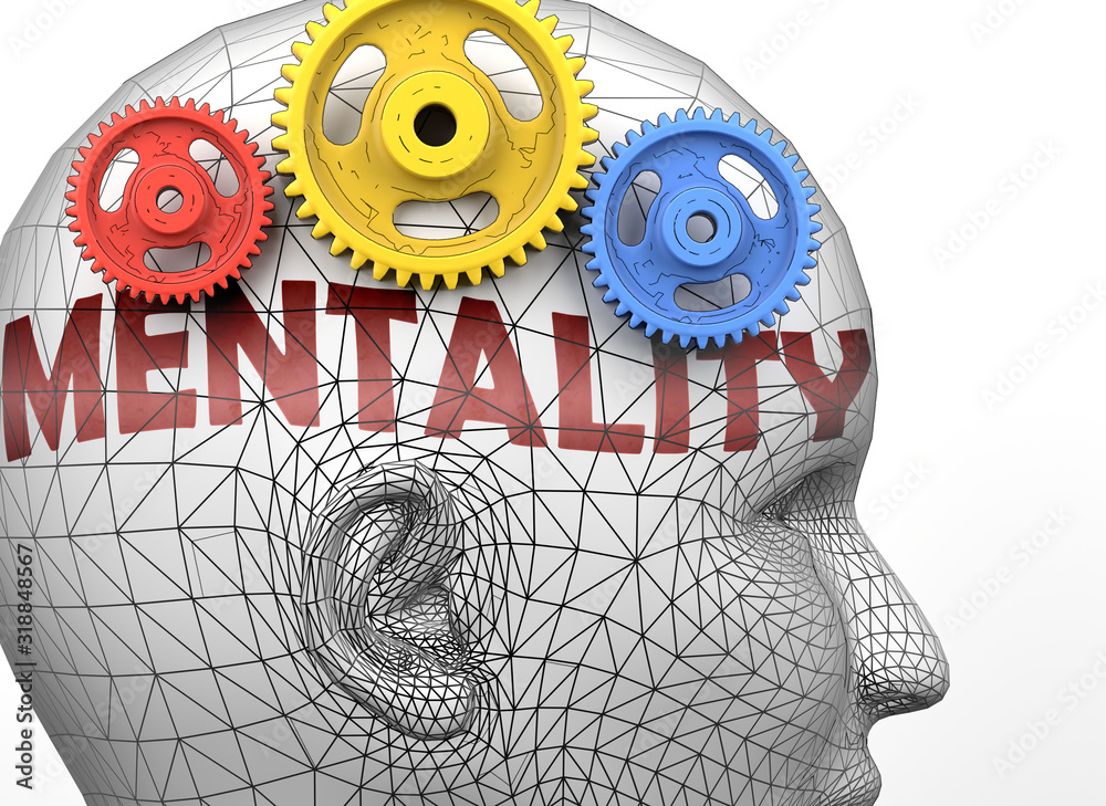 Mentality and human mind - pictured as word Mentality inside a head to ...