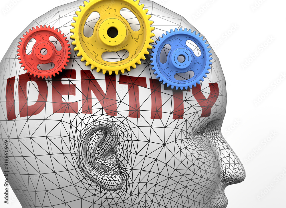 Identity and human mind - pictured as word Identity inside a head to ...