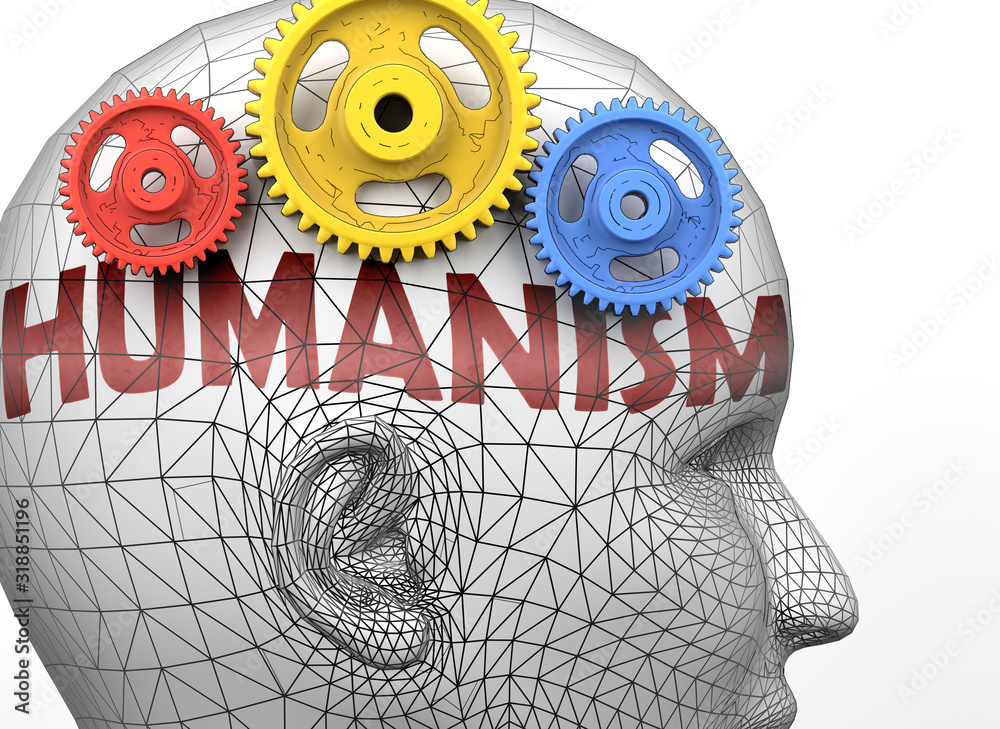 Humanism and human mind - pictured as word Humanism inside a head to ...