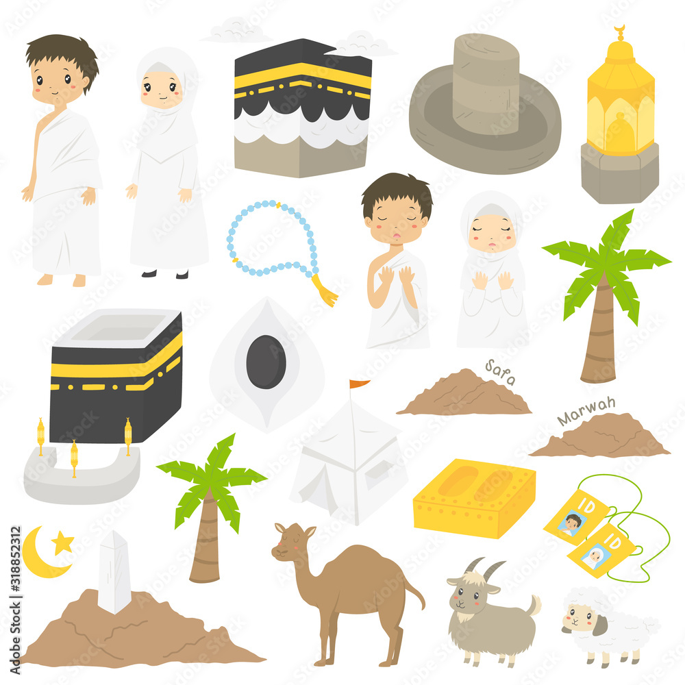 Muslim Hajj and Umrah vector collection. Hajj and umrah characters and ...
