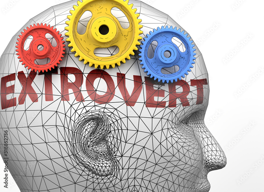 Extrovert and human mind - pictured as word Extrovert inside a head to ...