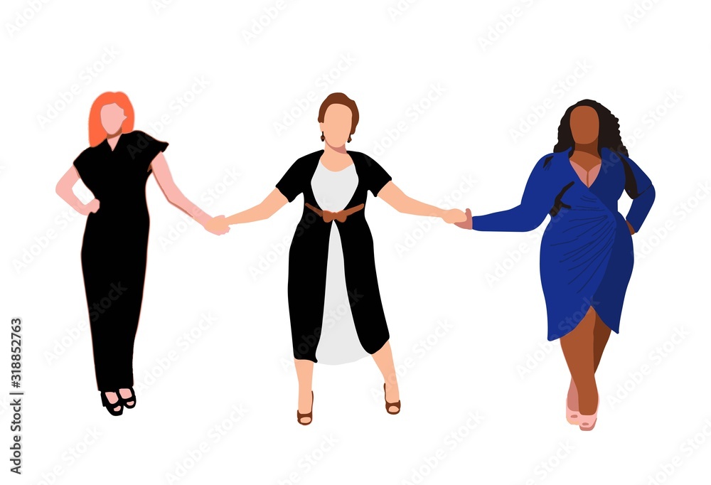 Happy women or girls standing together and holding hands.Flat cartoon ...