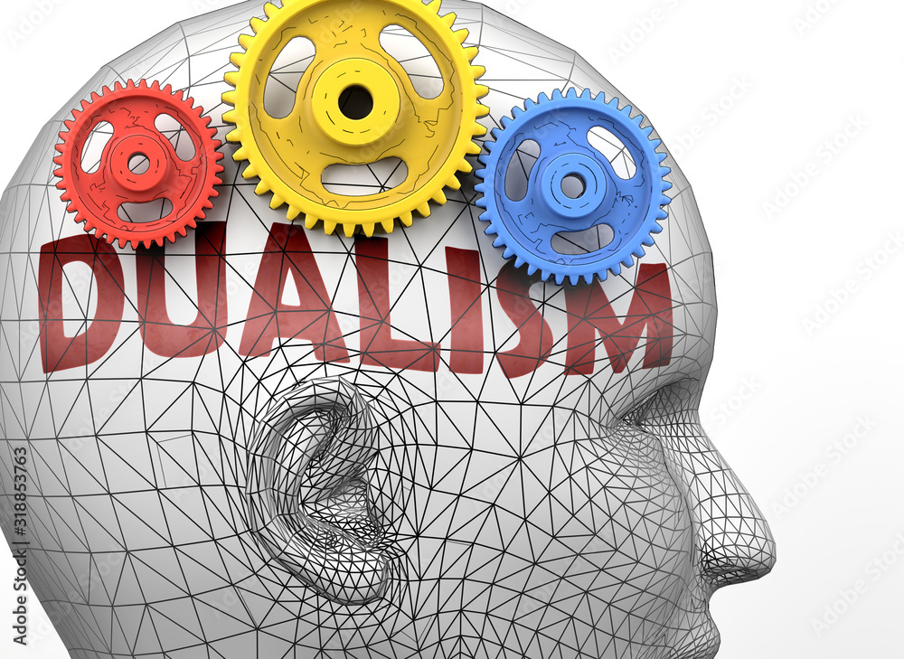 Dualism and human mind - pictured as word Dualism inside a head to ...