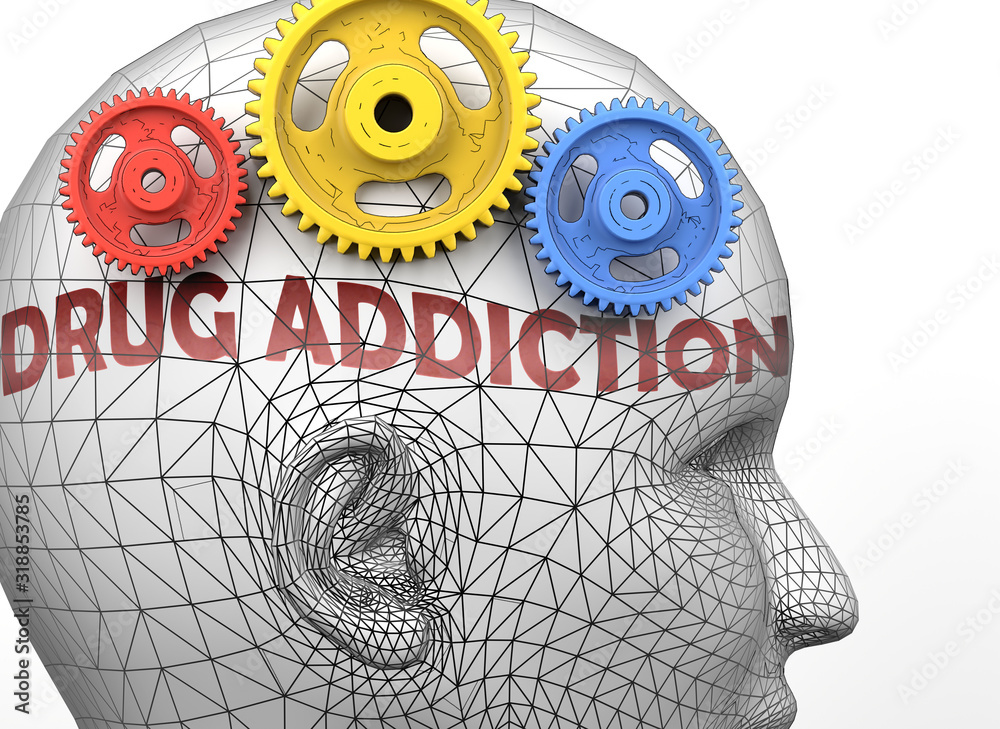 Drug addiction and human mind - pictured as word Drug addiction inside ...