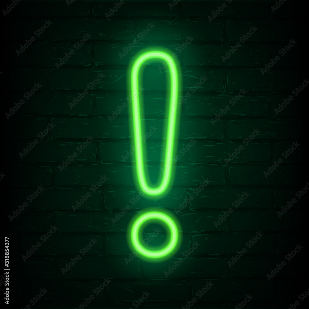 Neon green exclamation mark on dark brick wall. Cinema, show, theatre ...