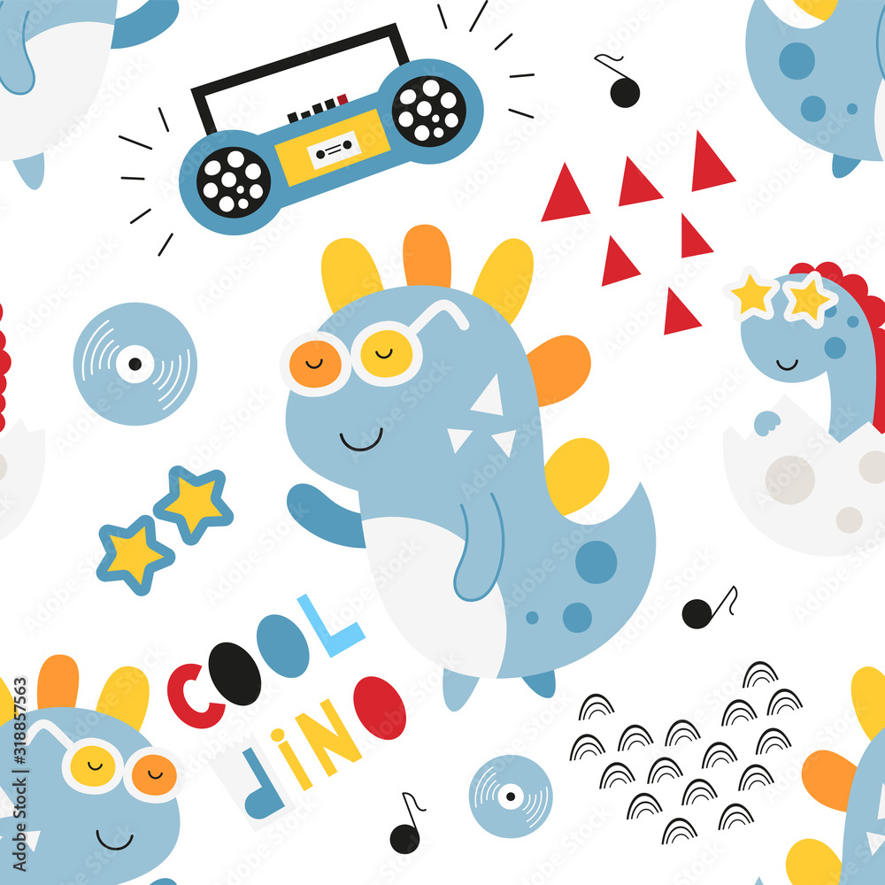Childish seamless pattern with hand drawn dinosaur in cartoon style ...