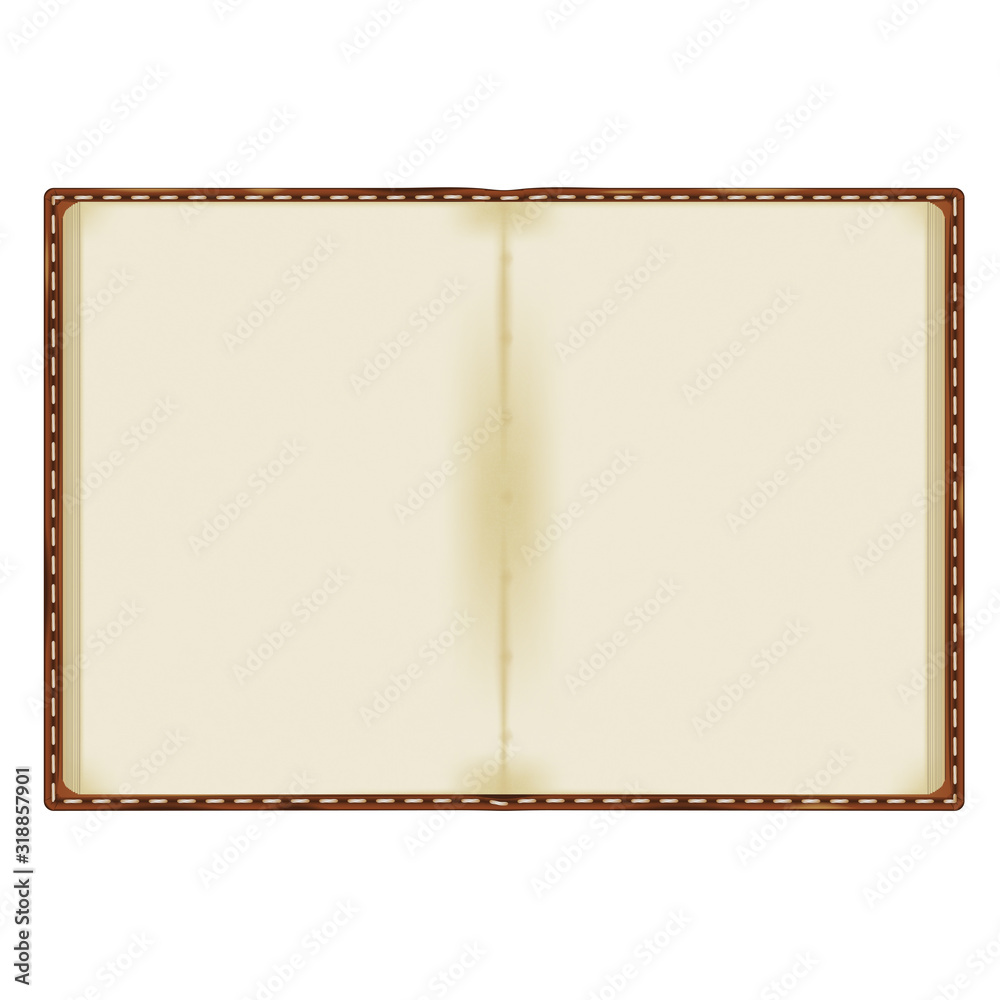 an old open notebook, bound in leather and stitched with thread, with ...