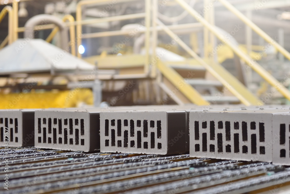 Brick production. New bricks on a conveyor belt at a brick factory ...