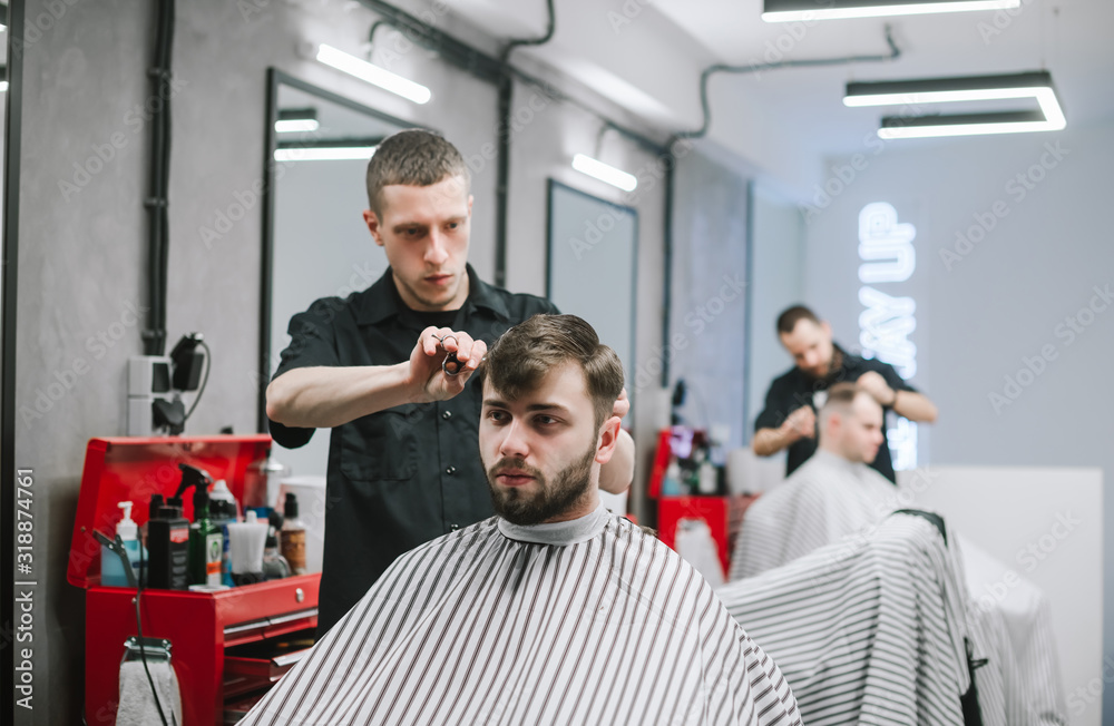 Concentrated barber cuts the client's scissors in a light modern barber ...