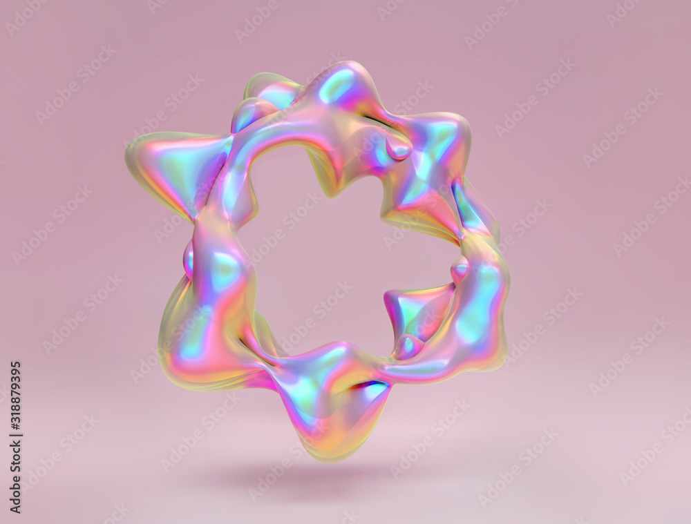Holographic foil abstract liquid blob frame on pastel pink background ...
