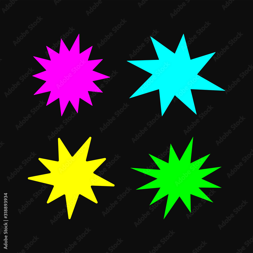 Set of bright starbursts on dark background. Collection of color flat ...