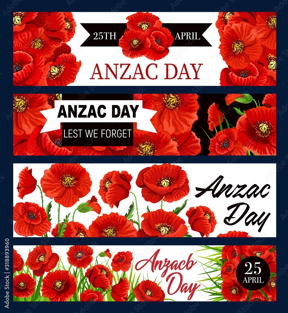 Anzac Day poppy flowers vector banners and black ribbon, national ...