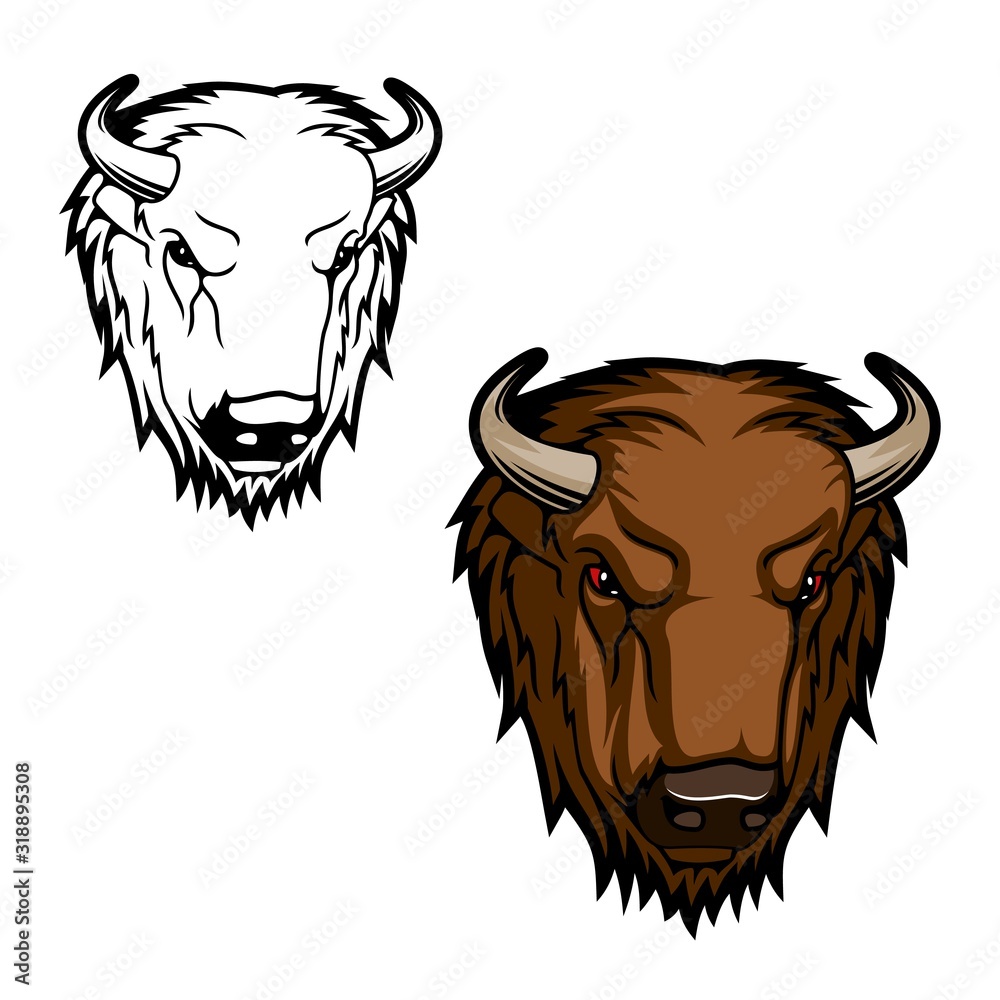 Bison animal head, head of brown bull or buffalo with horns. Vector ...