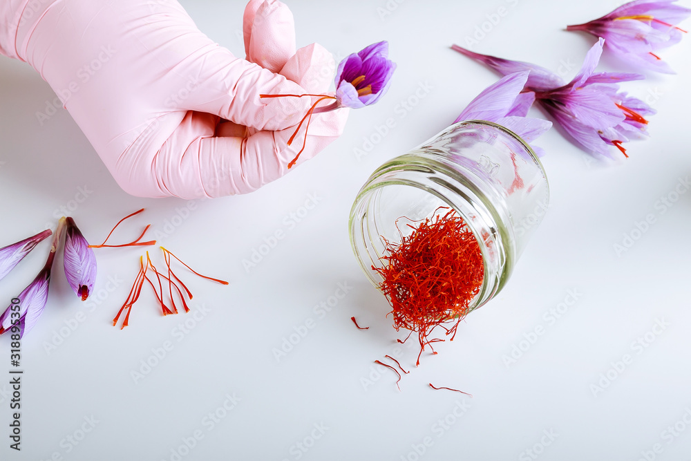 Dried saffron in a bottle on a white background with saffron flowers ...