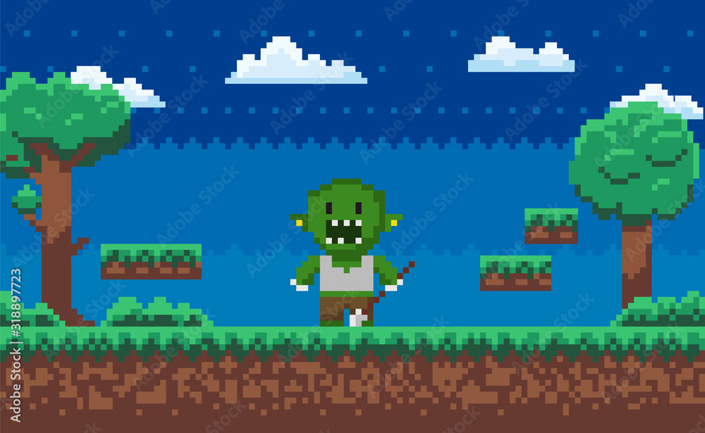 Geek character holding beast, monster with teeth standing on grass ...
