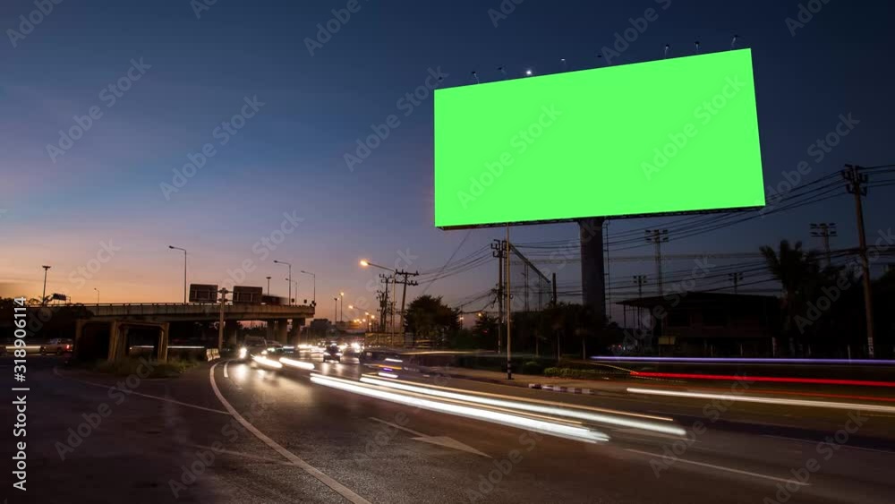 4k - Advertising billboard green screen on sidelines of expressway with ...