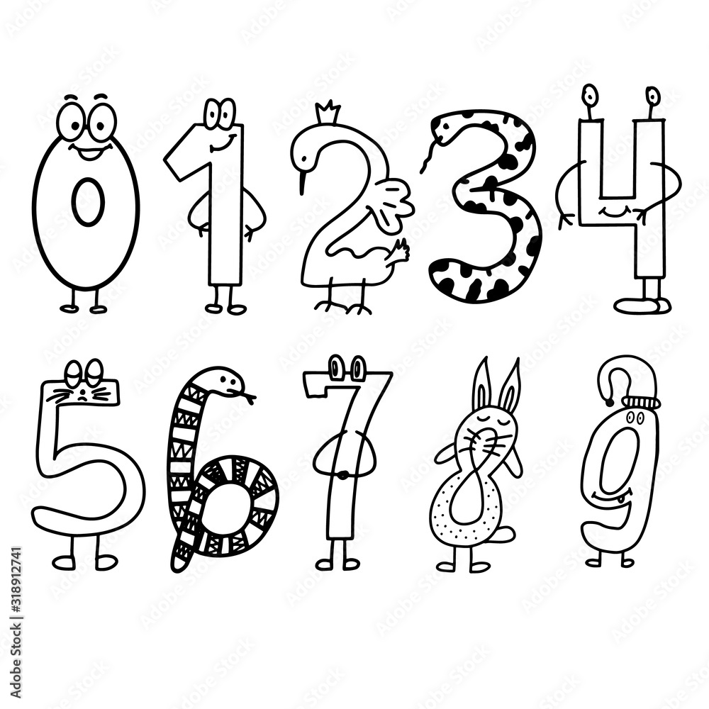 Coloring book cartoon numbers in cartoon style. Activity page. Adult ...