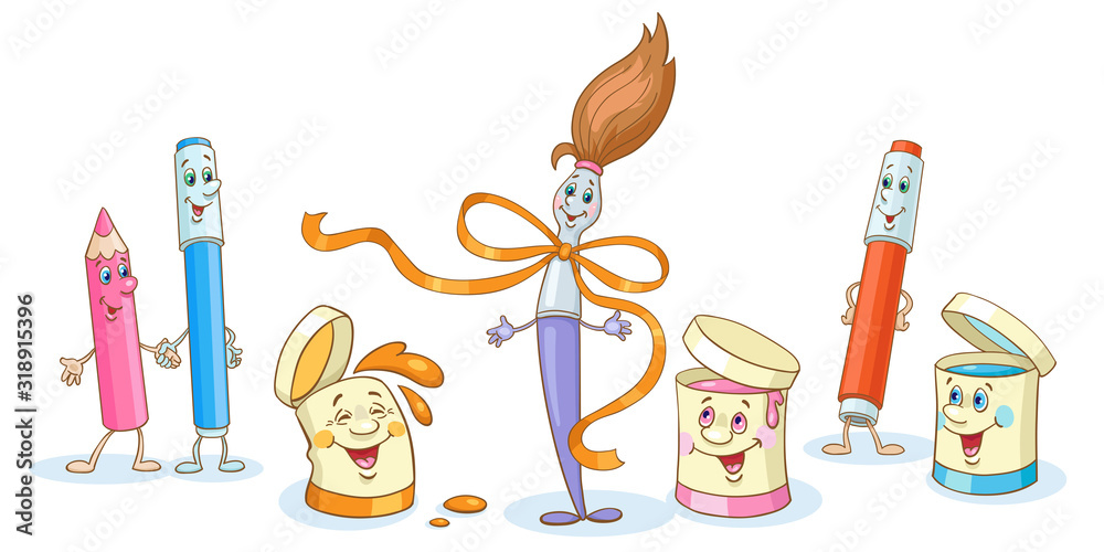 An elegant brush, a pencil, two felt-tip pens and three paints ...