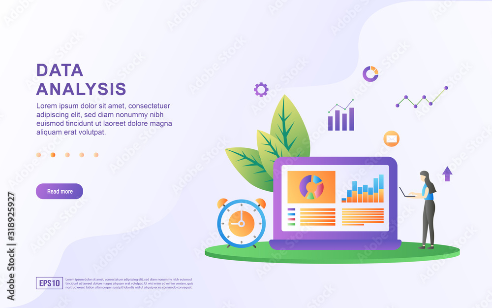 Vetor de Data analysis and management concept. People analyze ...