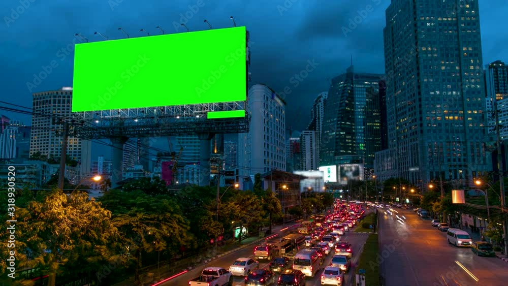 4k - Advertising billboard green screen on sidelines of expressway with ...