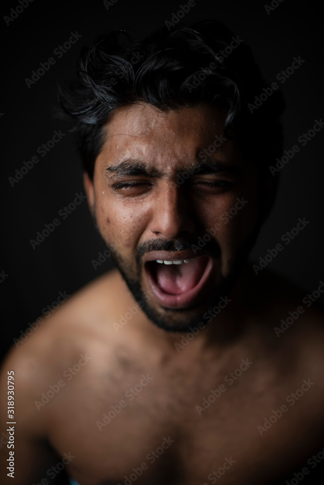 Portrait of young and handsome Indian Bengali brunette man in bare body ...