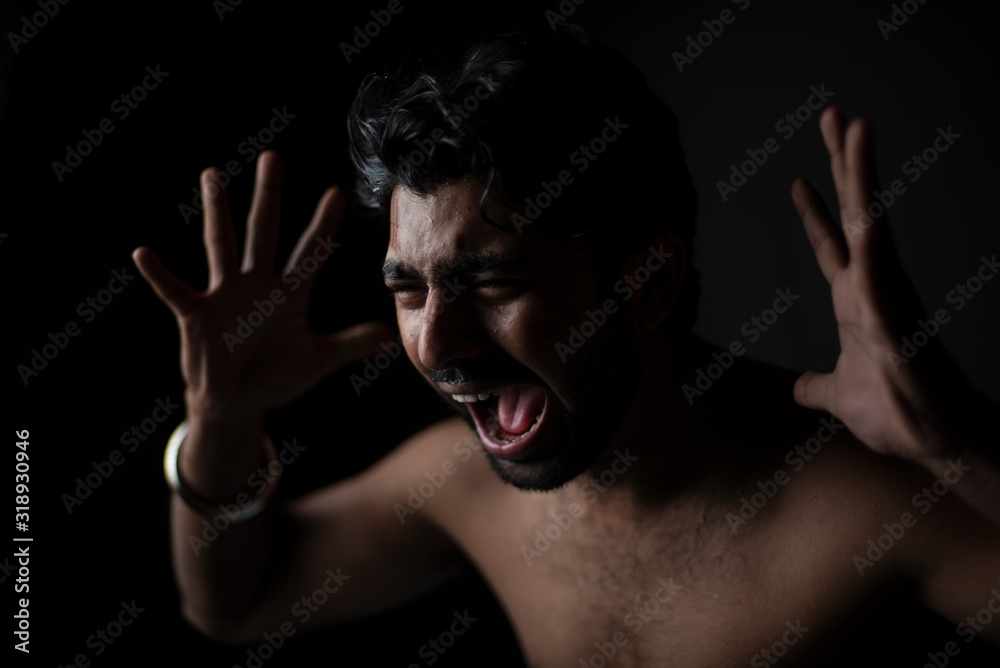 Portrait of young and handsome Indian Bengali brunette man in bare body ...