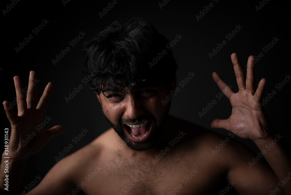 Portrait of young and handsome Indian Bengali brunette man in bare body ...