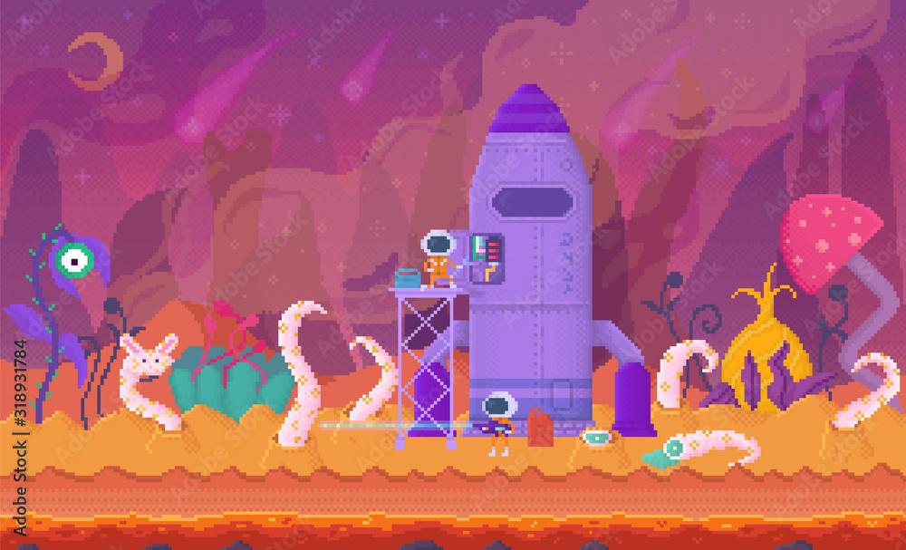 Pixel art game location, cosmic area, Venus planet surface. Rocket and ...